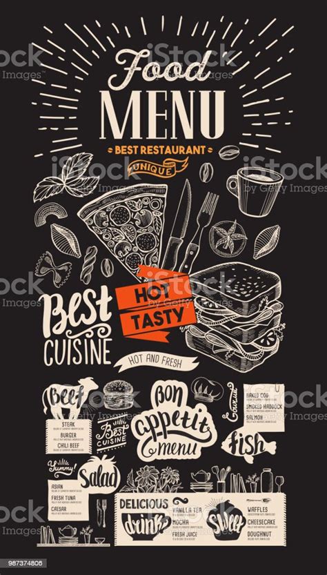 레스토랑의 음식 메뉴입니다 에 대 한 벡터 음식 전단지 바와 카페 칠판 배경에서 빈티지 그린 삽화와 함께 서식 파일을 디자인 합니다 고풍스런에 대한 스톡 벡터 아트 및 기타