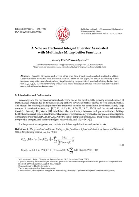 Pdf A Note On Fractional Integral Operator Associated With Multiindex Mittag Leffler Functions