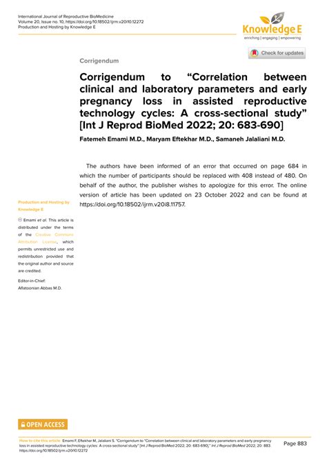 Pdf Corrigendum To Correlation Between Clinical And Laboratory Parameters And Early Pregnancy