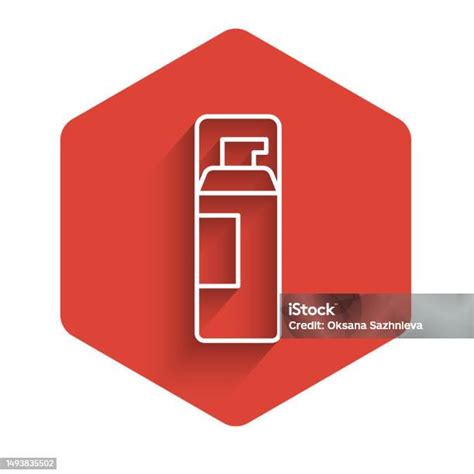 화이트 라인 면도 젤 폼 아이콘은 긴 그림자 배경으로 분리되어 있습니다 면도 크림 빨간색 육각형 버튼입니다 벡터 건강한 생활