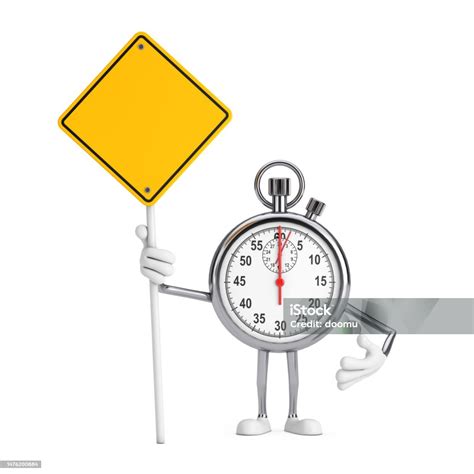 현대 스톱워치 만화 사람 캐릭터 마스코트와 노란색 도로 표지판 당신의 디자인을위한 여유 공간 3d 렌더링 3차원 형태에 대한 스톡 사진 및 기타 이미지 Istock