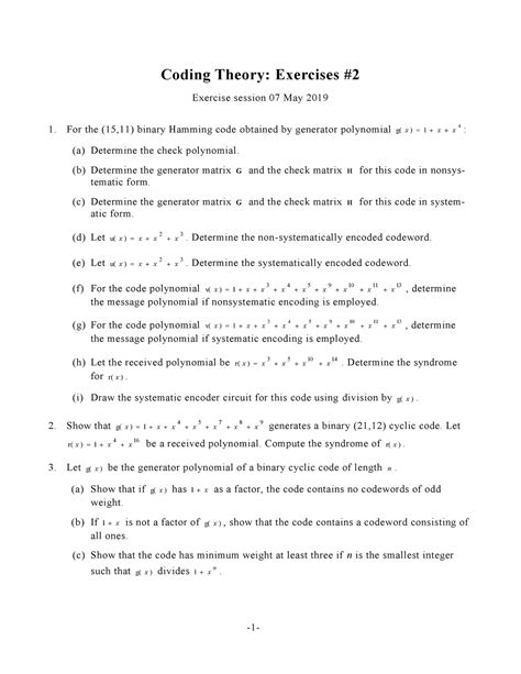 CT Exercises 2 Coding Theory Exercises 2 Exercise Session 07 May 2019 G X 1 X X 1 For