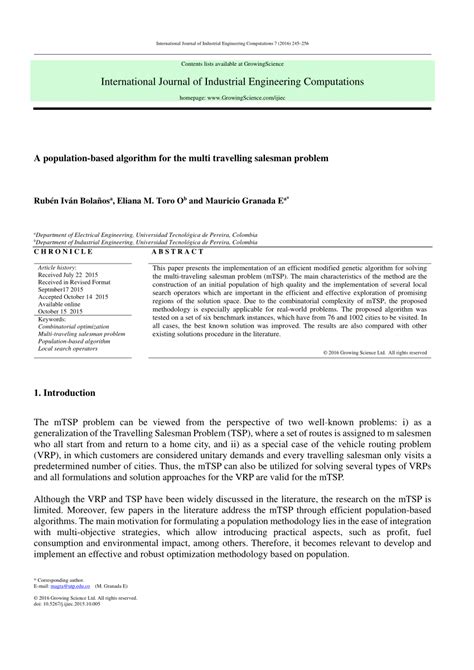 Pdf A Population Based Algorithm For The Multi Travelling Salesman Problem