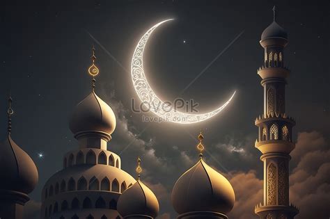 이슬람 모스크 실루엣을 통해 어두운 푸른 황혼에 초승달 하늘 사진 무료 다운로드 Lovepik