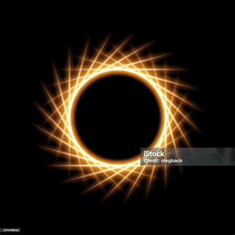 금빛 불타는 섬광이 가장자리 벡터 그림에 번쩍이는 일식 반짝임과 에너지 플레어가 있는 태양 행성 또는 별의 추상 황금 원 프레임 빛나는 코로나의 글로우 조명 효과가 있는