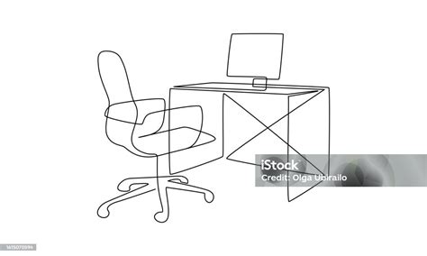 홈 오피스 인테리어의 하나의 연속 선 그리기 현대적인 업무용 책상과 의자에는 심플한 선형 스타일의 노트북이 있습니다 편집 가능한 스트로크의 원격 원격 작업 개념입니다 등고선