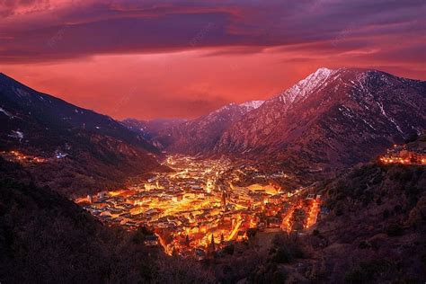 Andorra La Vella Skyline At Sunset In Pyrenees Mountains Photo