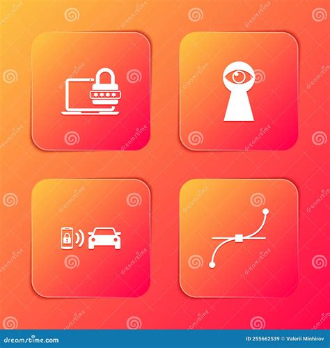 Set Laptop With Password Keyhole Eye Smart Car Alarm System And Bezier Curve Icon Vector