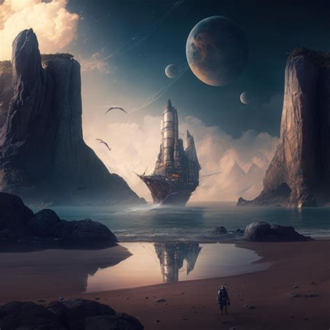 Premium Photo A Ship Is Floating On The Water With The Planet Mars In The Background