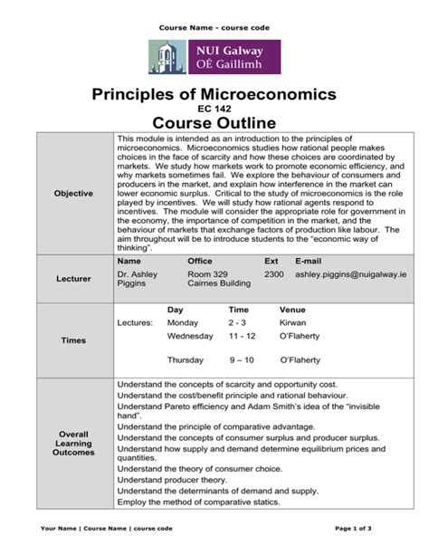 Microeconomics Course Outline Principles Objectives