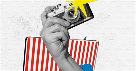 파파라치 현대 미술 콜라주 낡은 여행 가방에서 튀어나온 인간의 손에 있는 복고풍 사진 카메라의 화려한 이미지 빈티지 물건의