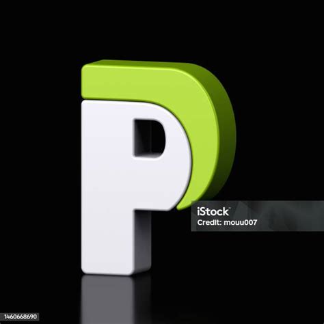3d 문자 P 플라스틱 밝은 녹색과 흰색 알파벳에서 검은 배경에 격리 하이테크 금속 글꼴 캐릭터 디자인 그림 텍스트 최소 스타일