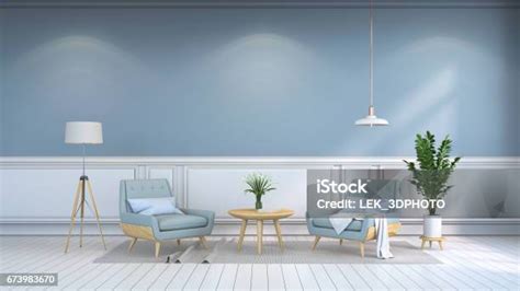 흰색 바닥에 밝은 파란색 벽 Minamalist 인테리어 룸 현대 가구 밝은 파란색 안락의 자와 나무 테이블 3d 렌더링 0명에
