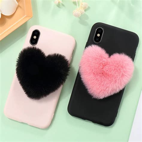 Lapopnut 3d 심장 Pom 케이스 아이폰 11 프로 Xr Xs 맥스 X 8 7 플러스 애플 6 6s 5 5s Se 모피 견면 벨벳 소프트 실리콘 충격 방지 커버전화