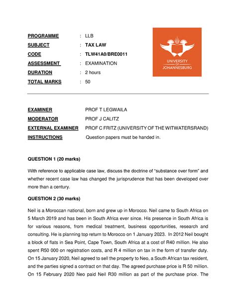 Tax Exam 1 Programme Llb Subject Tax Law Code Tlw41a0bre