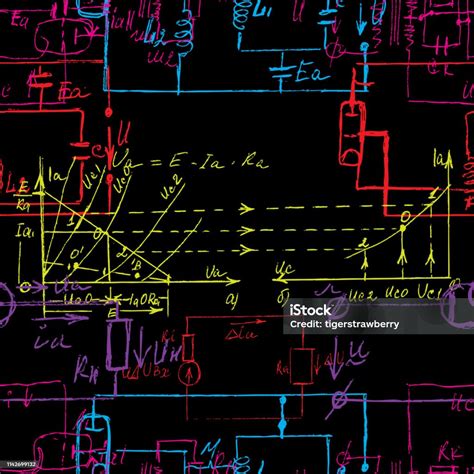 필기 수학 및 물리적 수식 전자 부품 회로도 및 장치의 회로와 과학적인 완벽 한 색상 배경 색상의 전기 패턴입니다 벡터 공학에 대한 스톡 벡터 아트 및 기타 이미지 Istock