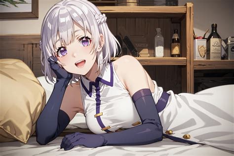 Anime Girl Laying On Bed With White Dress And Purple Gloves Seaart Ai