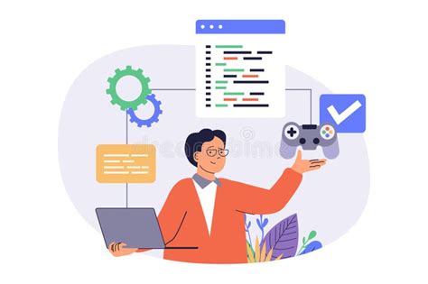 Video Game Developer Web Concept With Flat Cartoon People For Website Design Man Creating New