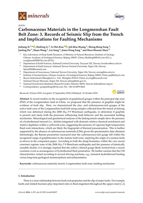 Pdf Minerals Carbonaceous Materials In The Longmenshan Fault Belt Zone 3 Records Of Seismic