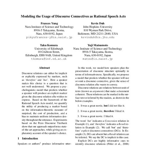 Modelling The Usage Of Discourse Connectives As Rational Speech Acts Acl Anthology