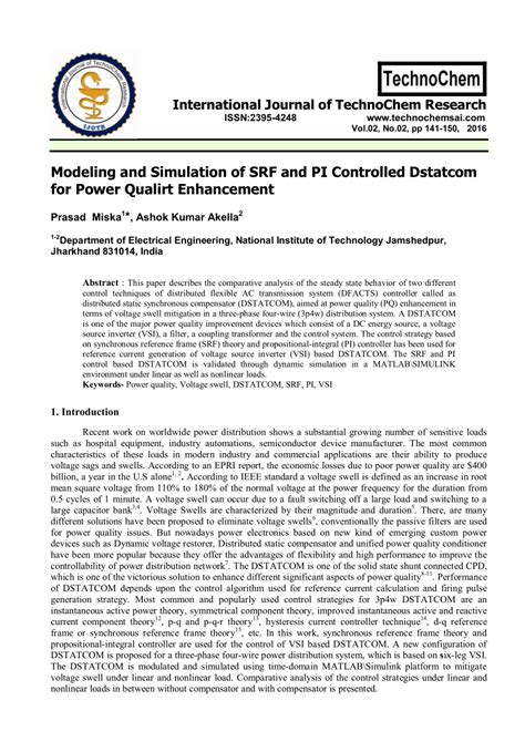 Pdf Modeling And Simulation Of Srf And Pi Controlled Dstatcom For Power Quality Enhancement