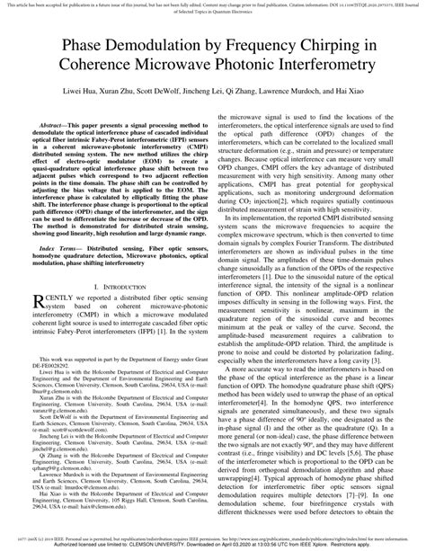 Pdf Phase Demodulation By Frequency Chirping In Coherence Microwave Photonic Interferometry