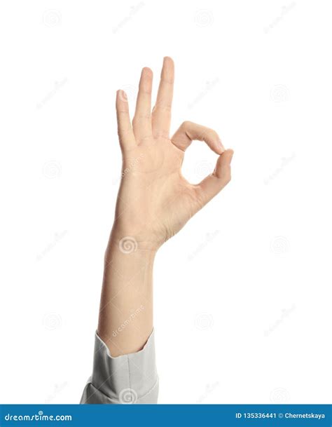 Young Woman Showing Ok Gesture On White Stock Image Image Of Showing