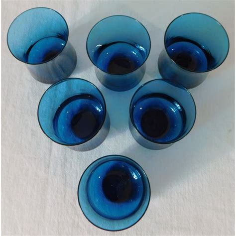 Vintage Mid Century Blue Blenko Hand Blown Glass Pitcher And 6 Glasses 7pc Barware Set Chairish