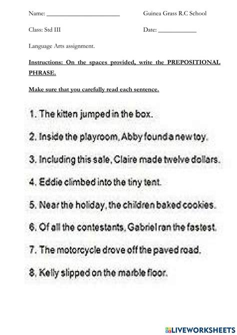 Identifying Prepositional Phrases Online Exercise For Live Worksheets