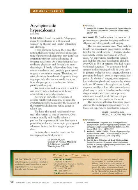 Asymptomatic Hypercalcemia May 1998 Cleveland Clinic Journal Of Medicine