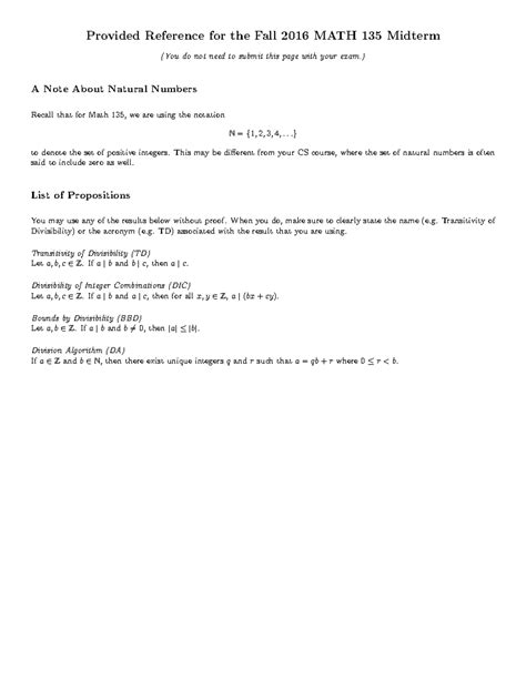 Midterm Reference Sheet Provided Reference For The Fall 2016 Math 135