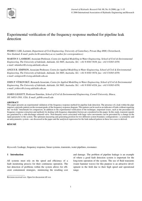 Pdf Experimental Verification Of The Frequency Response Method Of Leak Detection