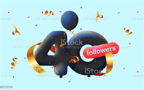 40 추종자가있는 배너는 3d 검은 풍선과 다채로운 색종이의 형태로 감사합니다 벡터 일러스트 레이 션 3d 숫자 소셜 미디어 40 추종자 감사 3차원 형태에 대한 스톡 벡터
