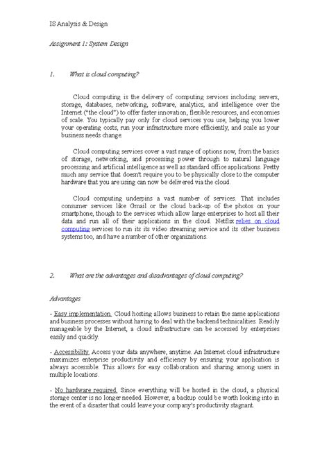 Assignment 1 Information System Analysis And Design Cloud Computing Is Analysis And Design