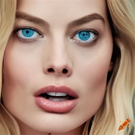 Portrait Of Margot Robbie With Blue Catlike Eyes