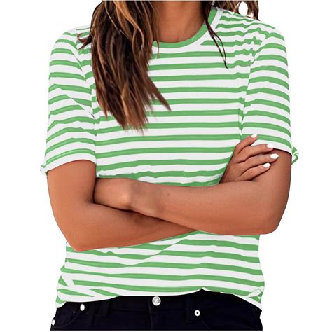 Womens Striped Shirts Summer Short Sleeve Loose T Shirts Crew Neck