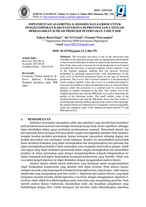 Pdf Implementasi Algoritma K Medoids Dan K Error Untuk Pengelompokan Kabupaten Kota Di
