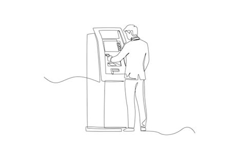 Atm Atm 기계 개념에서 트랜잭션을 수행하는 연속 한 줄 그리기 사업가 단일 줄 그리기 디자인 벡터 그래픽 그림 프리미엄 벡터