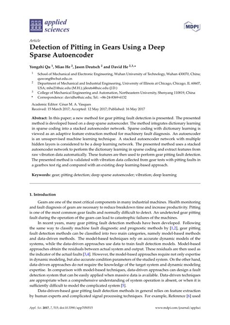 Pdf Detection Of Pitting In Gears Using A Deep Sparse Autoencoder