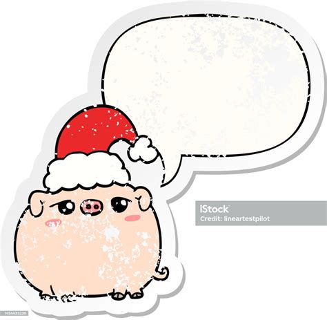 만화 돼지 크리스마스 모자를 쓰고 연설 거품 고민 고민 오래 된 스티커 귀여운에 대한 스톡 벡터 아트 및 기타 이미지 귀여운 그런지 이미지 기법 기포 Istock