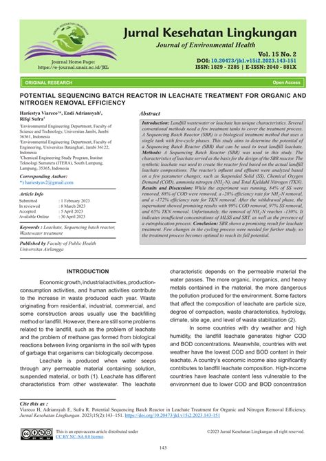 Pdf Potential Sequencing Batch Reactor In Leachate Treatment For Organic And Nitrogen Removal