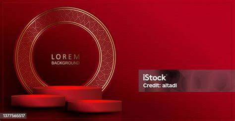 둥근 포디움과 패턴이 있는 골든 라운드 프레임의 레드 텍스처 컴포지션 1위에 대한 스톡 벡터 아트 및 기타 이미지 1위 강단 구도 Istock
