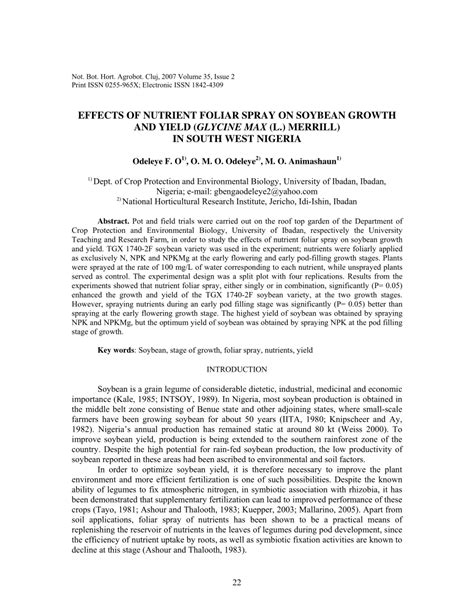 Pdf Effects Of Nutrient Foliar Spray On Soybean Growth And Yield Glycine Max I Merrill In