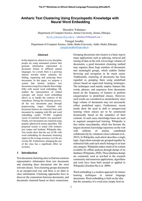 Pdf Amharic Text Clustering Using Encyclopedic Knowledge With Neural Word Embedding
