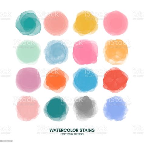 둥근 모양 얼룩 원 흰색에 고립 된 방울을 그린 다채로운 수채화 손 세트 예술적 디자인을 위한 일러스트레이션 개체 그룹에 대한 스톡 벡터 아트 및 기타 이미지 Istock