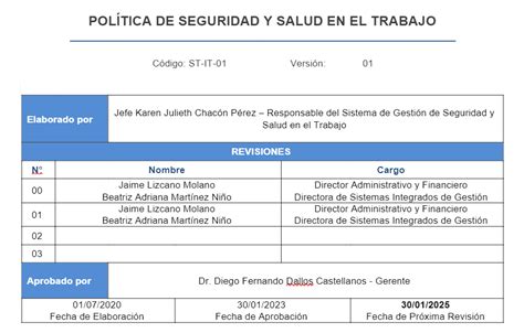 Política De Seguridad Y Salud En El Trabajo Urointegral