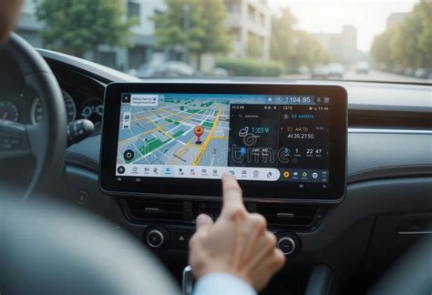 Navigation Screen Displays Route Directions In A Modern Car During Daytime Commute Stock
