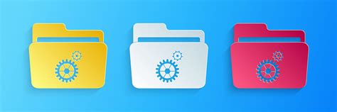 파란색 배경에서 격리된 기어 아이콘이 있는 용지 컷 폴더 설정입니다 소프트웨어 업데이트 전송 프로토콜 라우터 팀워크 도구 관리의 개념 종이 아트 스타일 벡터 검색에 대한