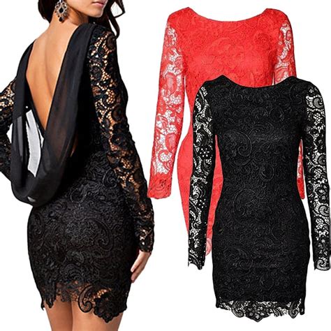 Sexy Backless Chiffon Spliced Long Sleeve Lace Dress