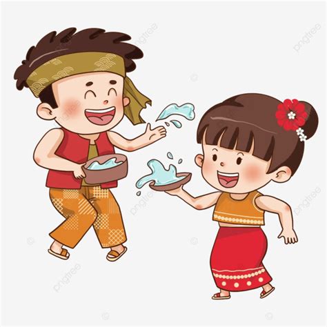 태국 송크란 축제를 기념하는 전통 의상을 입은 귀여운 만화 스타일의 캐릭터 태국 타일랜드 송크란 Png 일러스트 및 Psd 이미지 무료 다운로드 Pngtree
